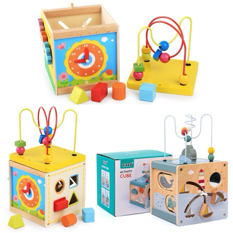 Jual kabi busy box wooden bead maze toys activity cube multifunction ...