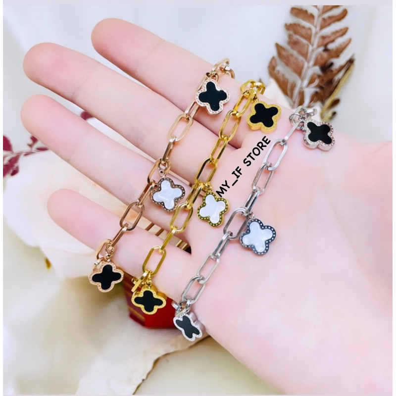 Jual Gelang Rantai Bunga Clover Hitam Putih Fashion Wanita Korea ...