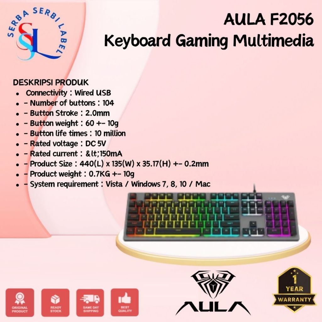 Jual AULA F 2056 Keyboard Gaming Membrane AULA F2056 Garansi Resmi ...
