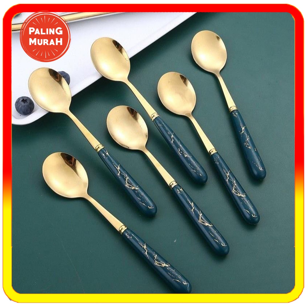 Jual CL Sendok Makan Set Isi 6 Sendok Sultan Gold Marble Tebal Rapi ...