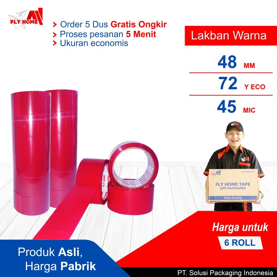 Jual FLYHOME Lakban warna merah 72 yard 6 roll 48mm x 72yard 2inchi ECO ...