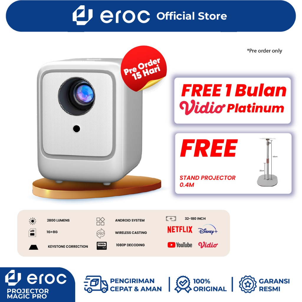 Jual EROC Smart Projector Full HD Decoding 4K - 2800 Lumens Android IOS Cast Netflix Compatible ...
