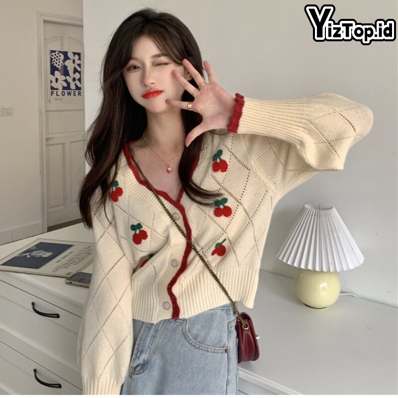 Jual Yiztop - Baju Cardigan Rajut Wanita Lucu Crop Top Lengan Panjang ...