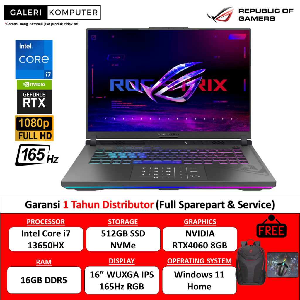 Jual Laptop Gaming ASUS ROG STRIX G16 G614JV Intel i7 13650HX 16GB ...