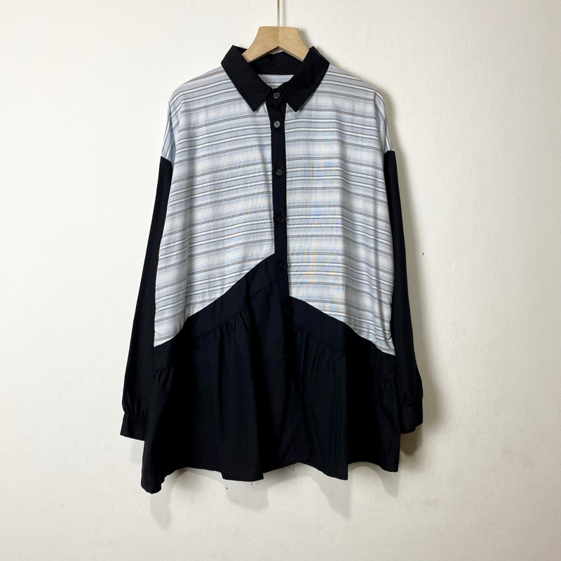 Jual Laura Blouse Kombinasi Kemeja Rempel Salur Linen Oversize | Shopee ...