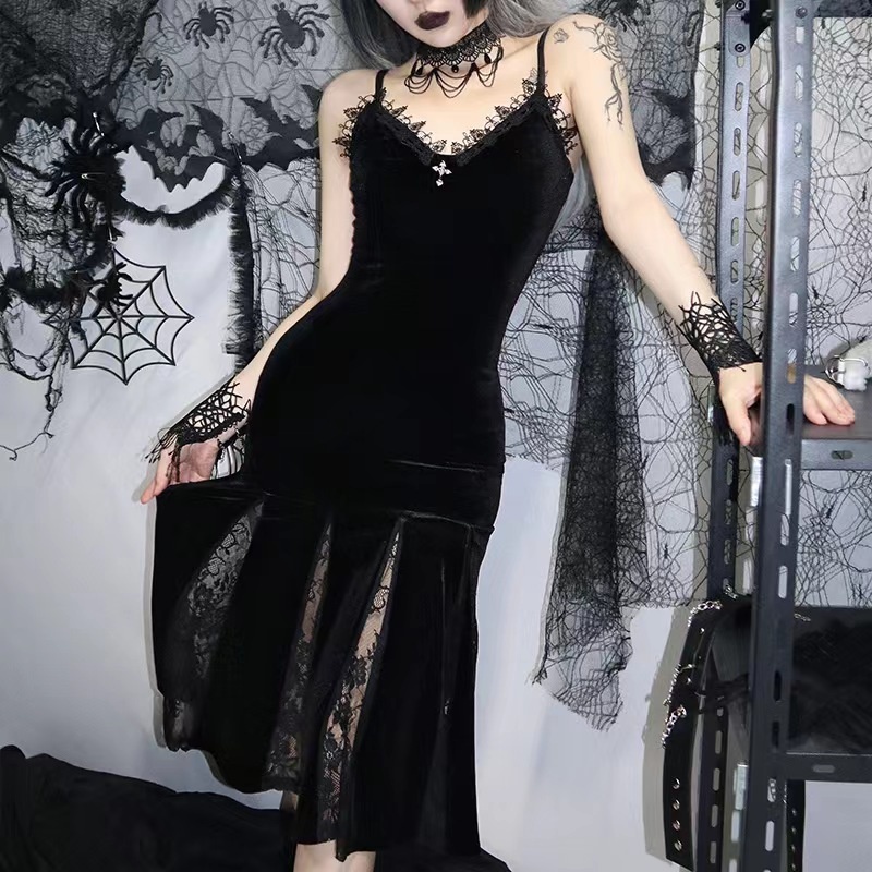 Jual [Goth Story] Gothic Velvet combi Lace Dress 8479 (S/M/L) | Shopee ...