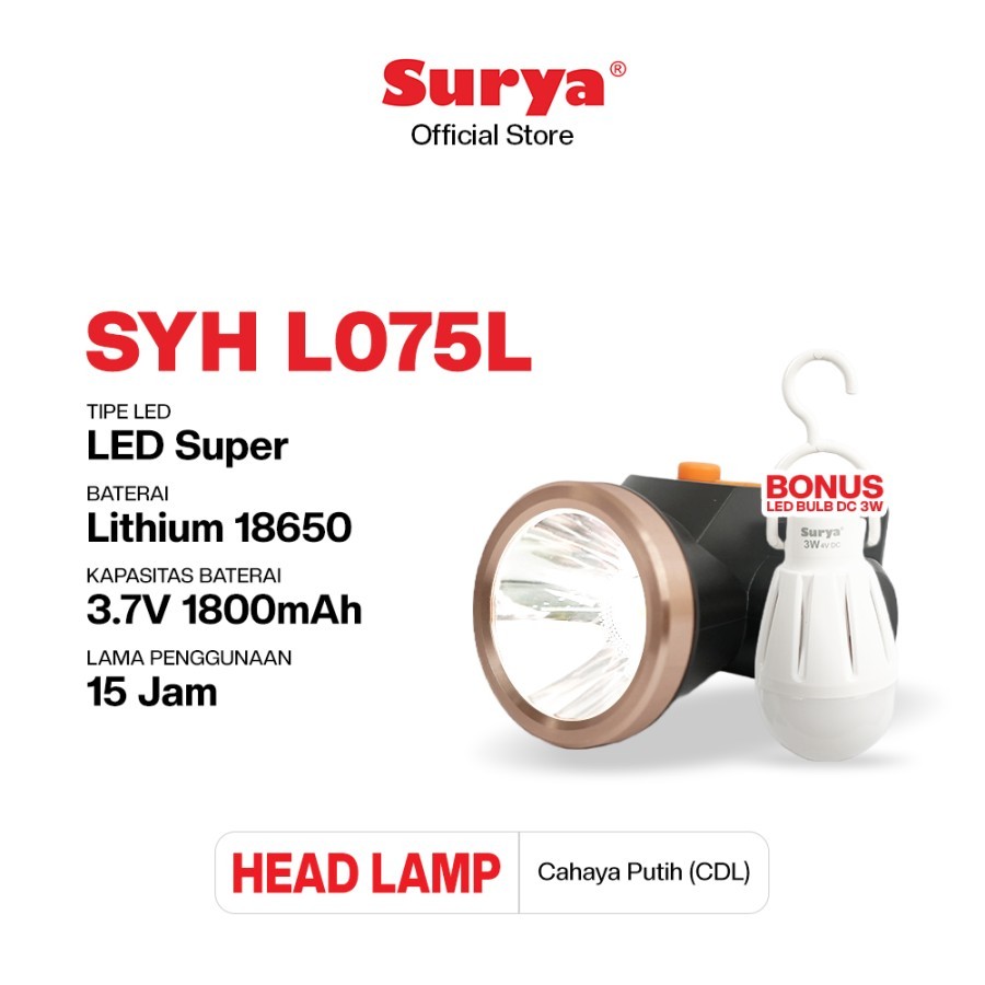 Jual Surya Senter Kepala LED Super Terang Lithium SYH L075L LED 7 Watt ...