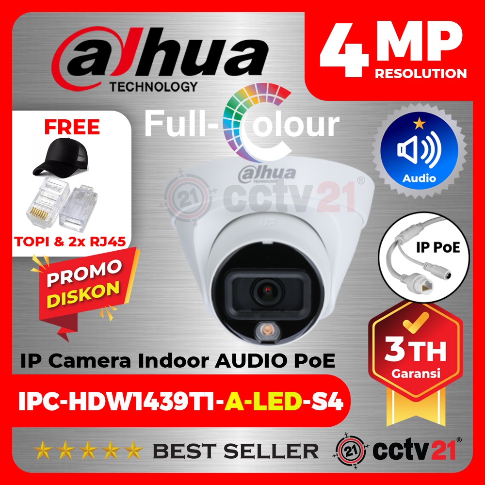 Jual IP Camera Full Color 4MP DAHUA IPC-HDW1439T1-A-LED-S4 Mic Audio ...