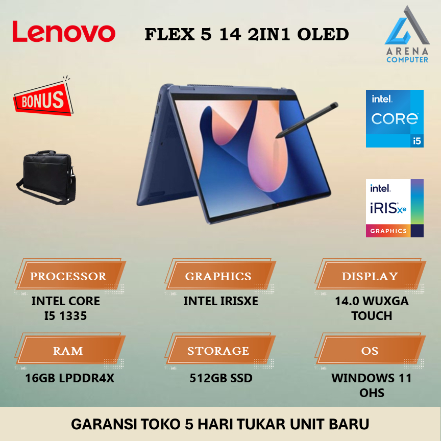Jual Lenovo Flex 5 14 2in1 touch OLED Intel i5 1335 16GB 512GB WUXGA ...