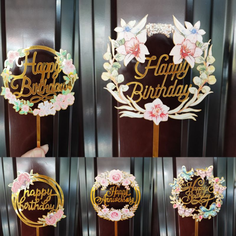 Jual Topper Happy Birthday Bunga, Hiasan Kue Akrilik Bunga Kupu-Kupu ...