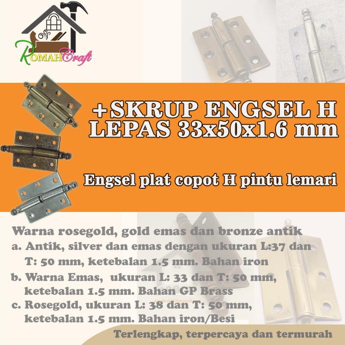 Jual +skrup Engsel H lepas 33x50x1.6 mm Engsel plat copot H pintu ...