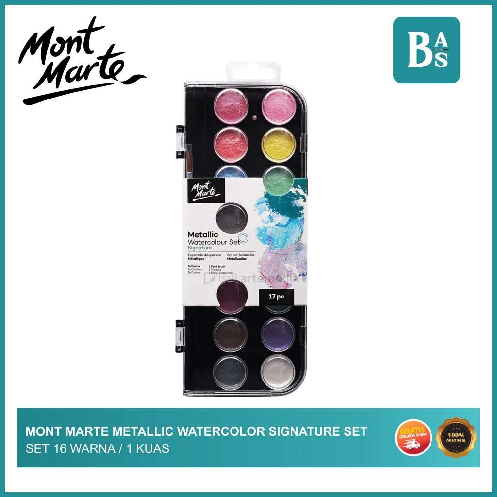 Jual MONT MARTE METALLIC WATERCOLOUR CAKE SET 16 Colour 1 Brush / Cat ...