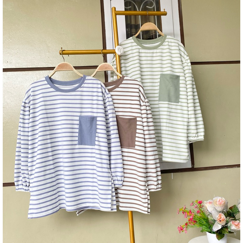 Jual kaos wanita salur kaos knit premium tangan karet atasan wanita ...