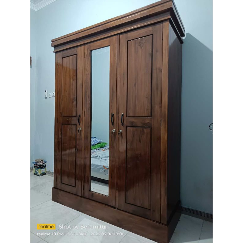 Jual lemari baju 3 pintu kayu jati minimalis/ lemari pakaian minimalis kayu jati bahan tebal ...