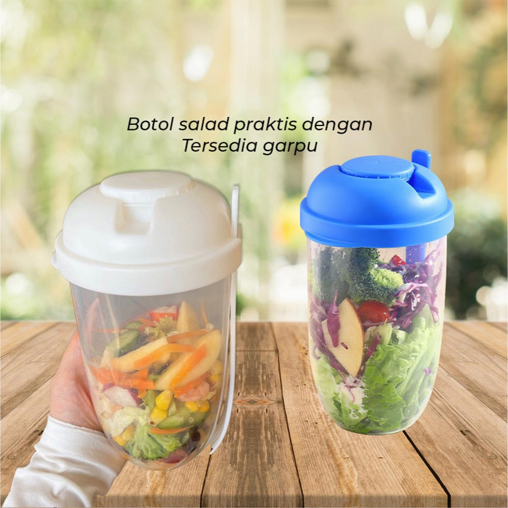 Jual Botol Salad Transparan 1000ML dengan Sendok Garpu Portable / Gelas ...