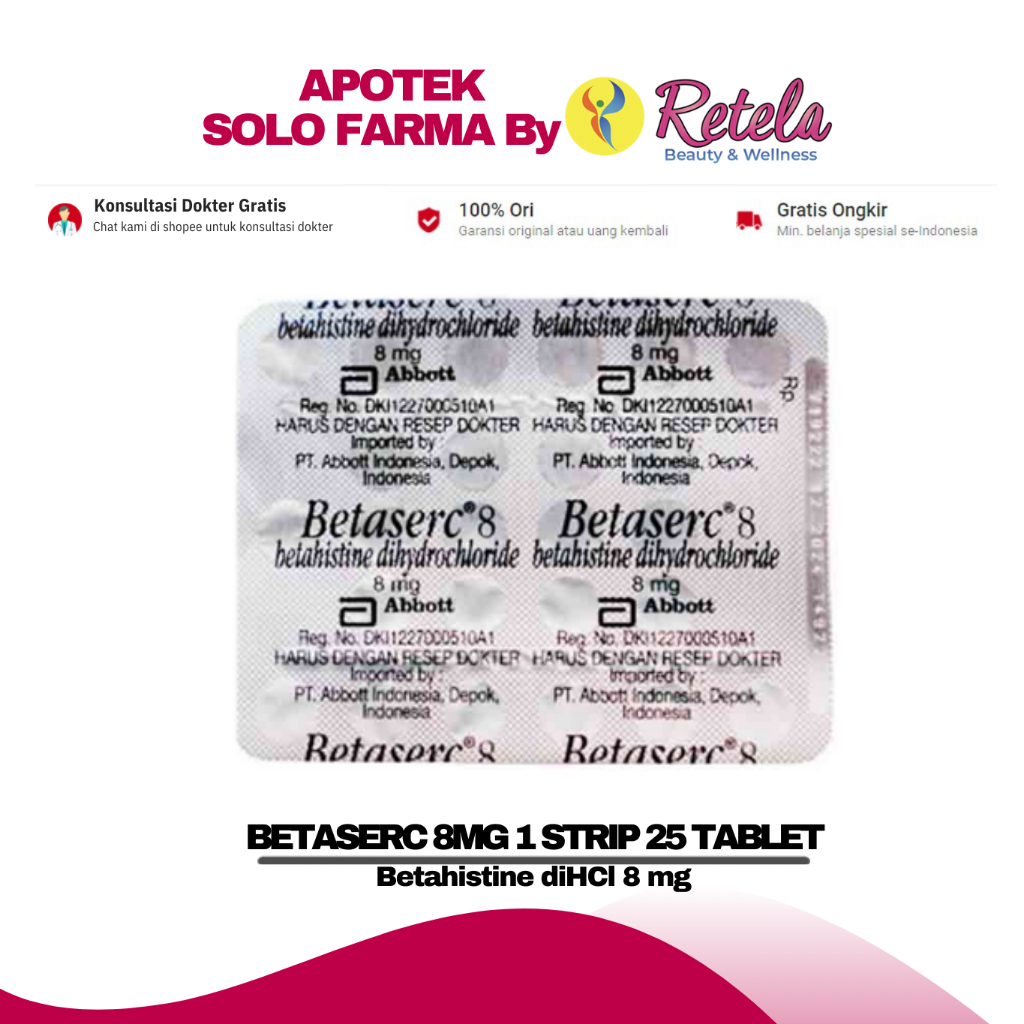 Jual BETASERC 8MG 1 STRIP 25 TABLET ( BETAHISTINE DIHCL 8 MG ) | Shopee ...