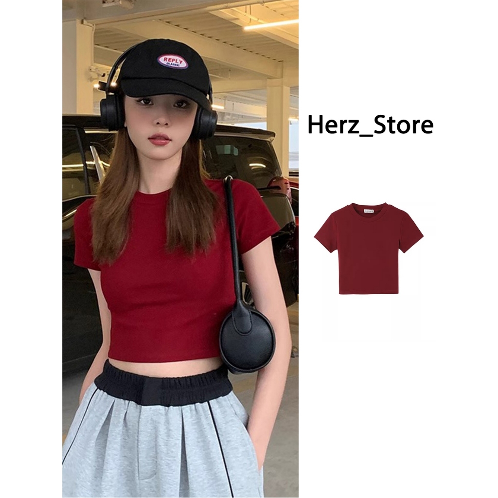 Jual Kaos Crop Top Merah Polos Korea Style T Shirt Lengan Pendek Baju ...