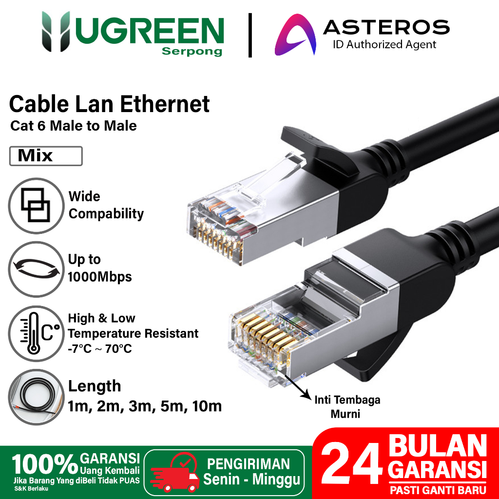 Jual UGREEN Kabel LAN RJ45 Cat.6 Gigabit Ethernet UTP 24AWG 1000Mbps 1m 2m 3m 5m 10m | Shopee ...
