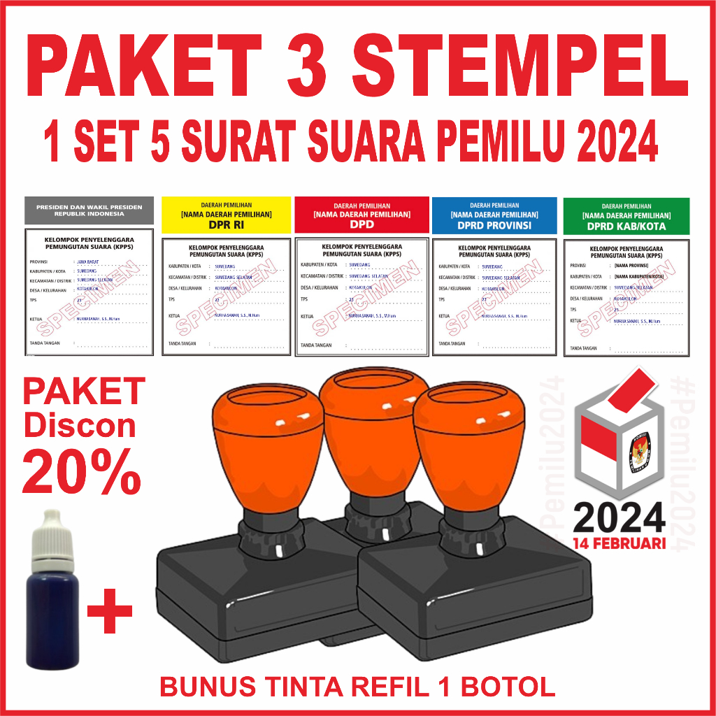 Jual Paket 3 Stempel surat suara pemilu 2024, Stempel pemilu tps ...