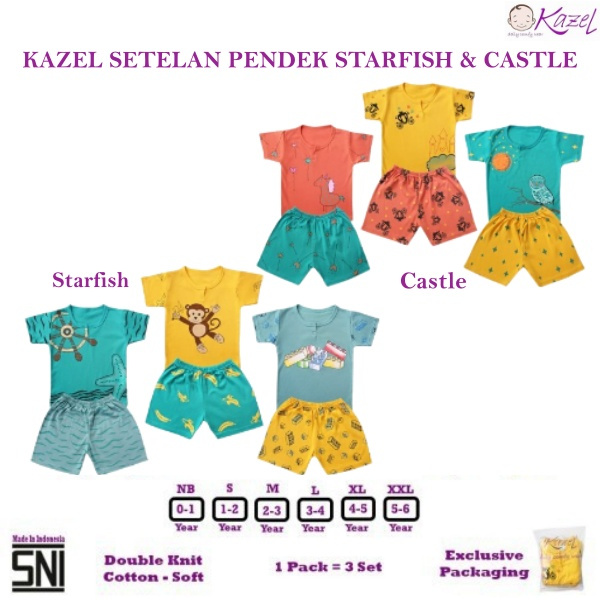 Jual SETELAN PENDEK BOY KAZEL STARFISH / GIRL CASTLE EDITION ISI 3 | Shopee Indonesia