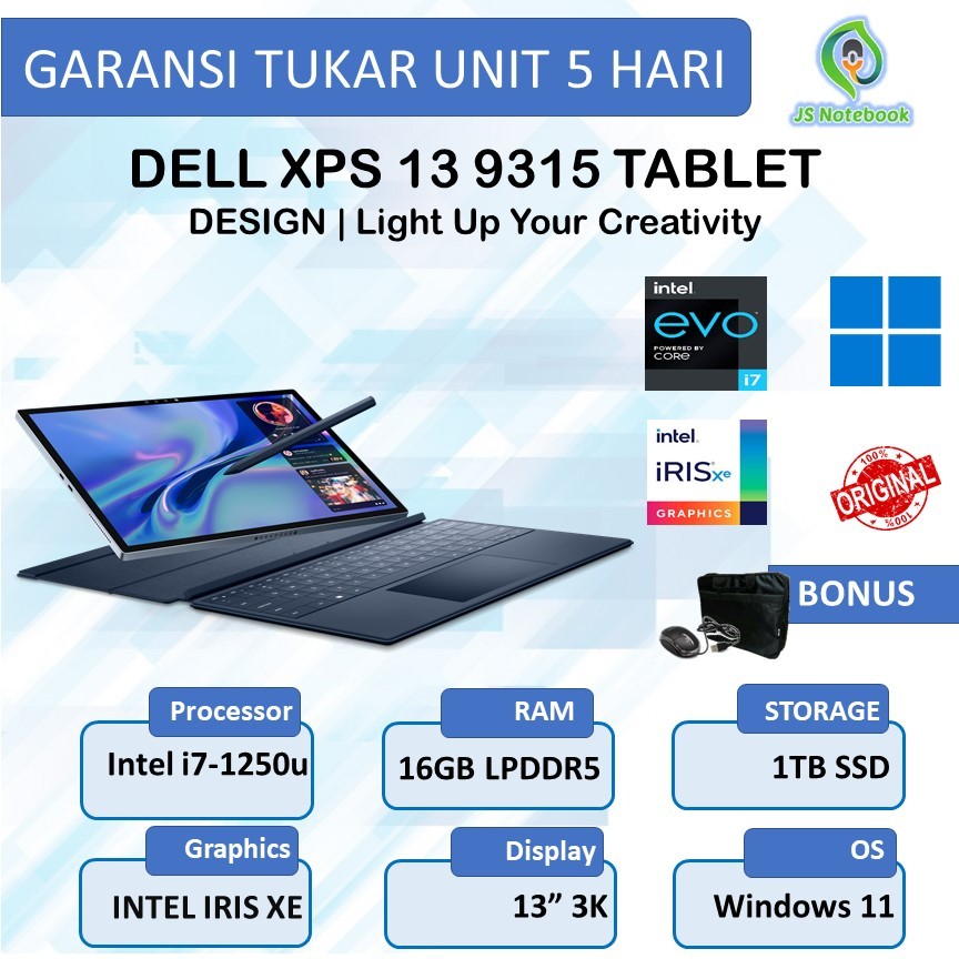 Jual Laptop Dell Xps 9315 Tablet intel i7-1250u 16GB 1TB SSD Win11 ...