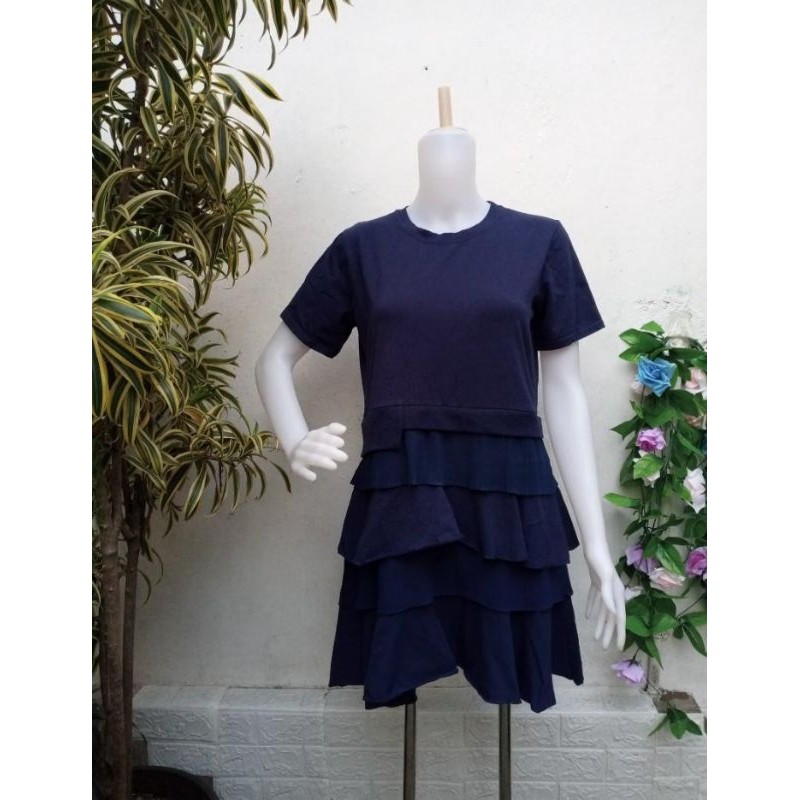 Jual korean dress navy model ruffle | Shopee Indonesia