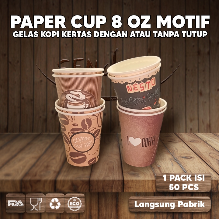 Jual Hot Paper Cup Motif Coffee/ Gelas Kertas Kopi + Tutup Ukuran 8oz/Gelas Kertas Tahan Panas ...