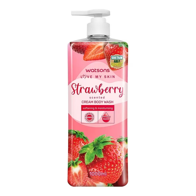Jual Watsons Scented Cream Body Wash Haru&Furi Strawberry 1000ml Sabun ...
