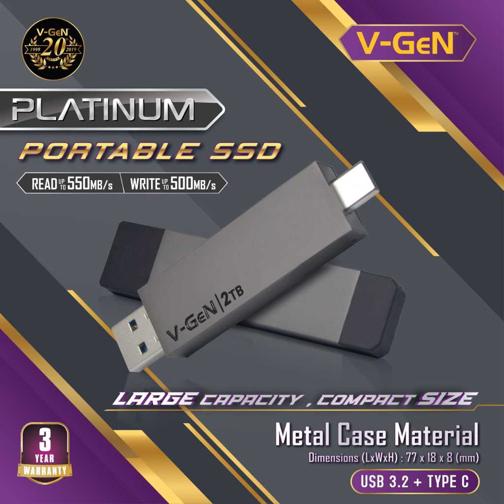 Jual SSD Portable V-Gen 128GB 256GB 512GB 1TB External Usb 3.2 & Type C ...