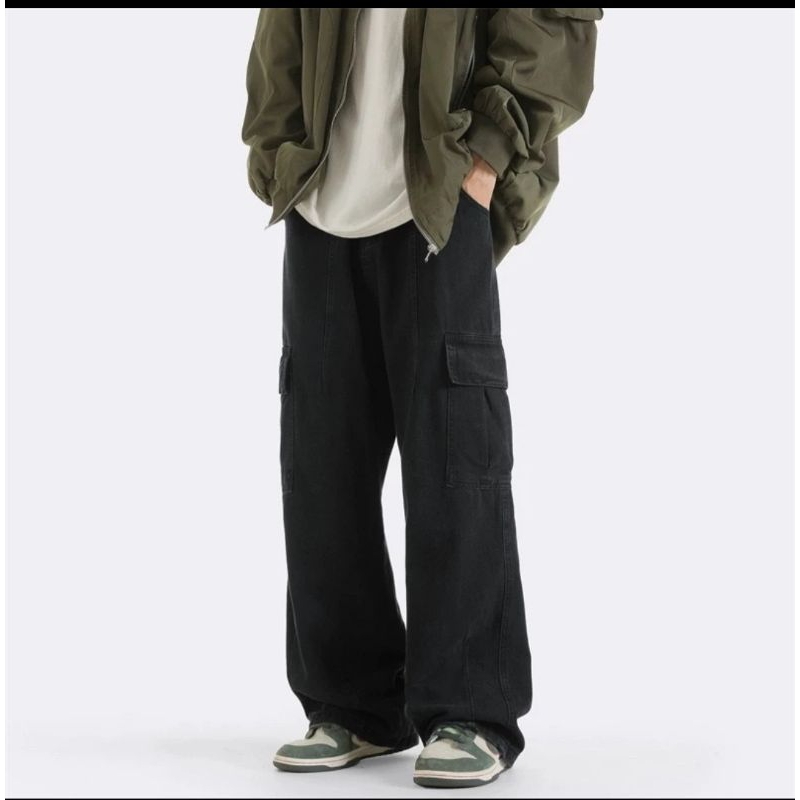 Jual celana cargo distro panjang pria gombrong Korean style loose cargo pants blue jeans kulot ...