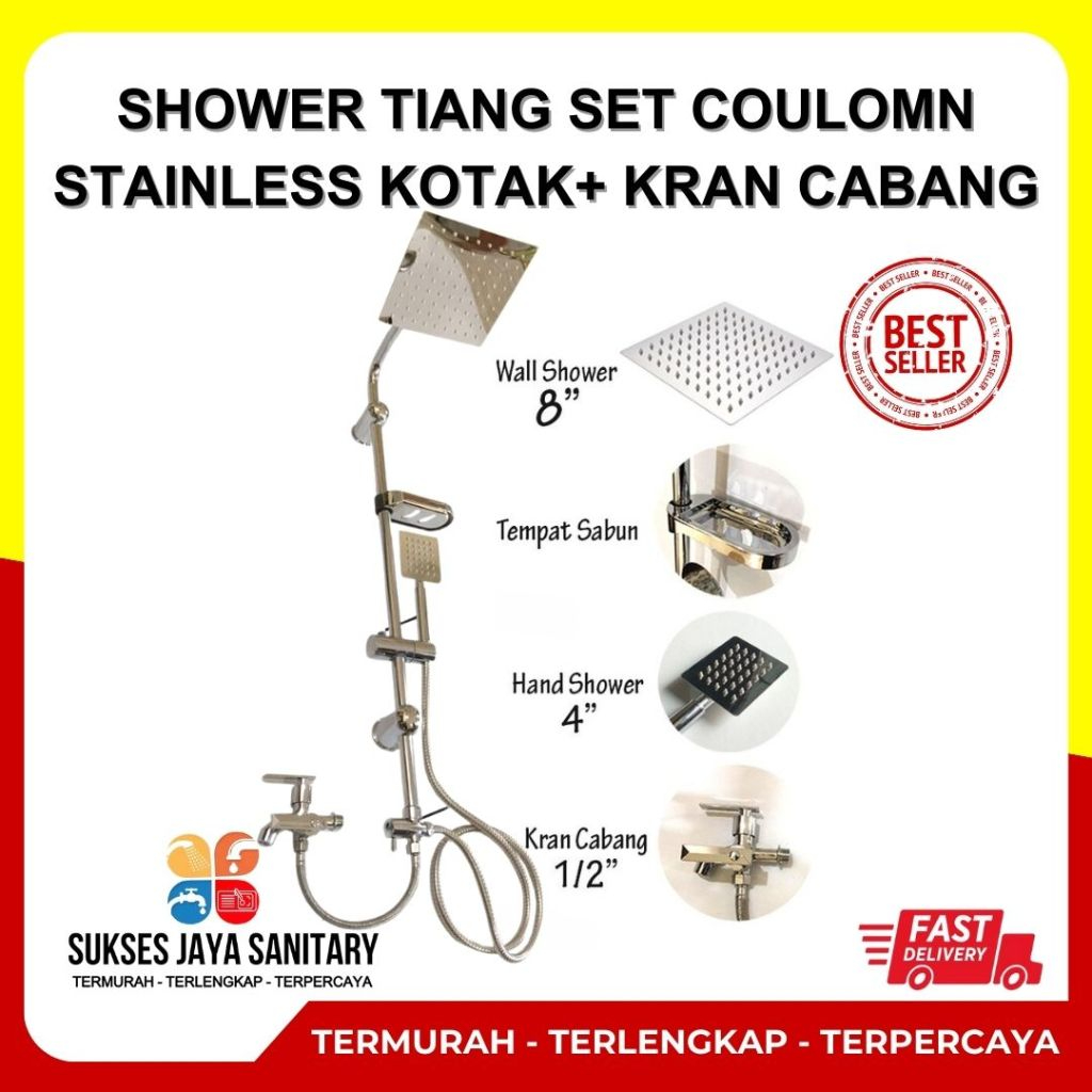 Jual Shower tiang set coulomn stainless kotak+ kran cabang | Shopee Indonesia