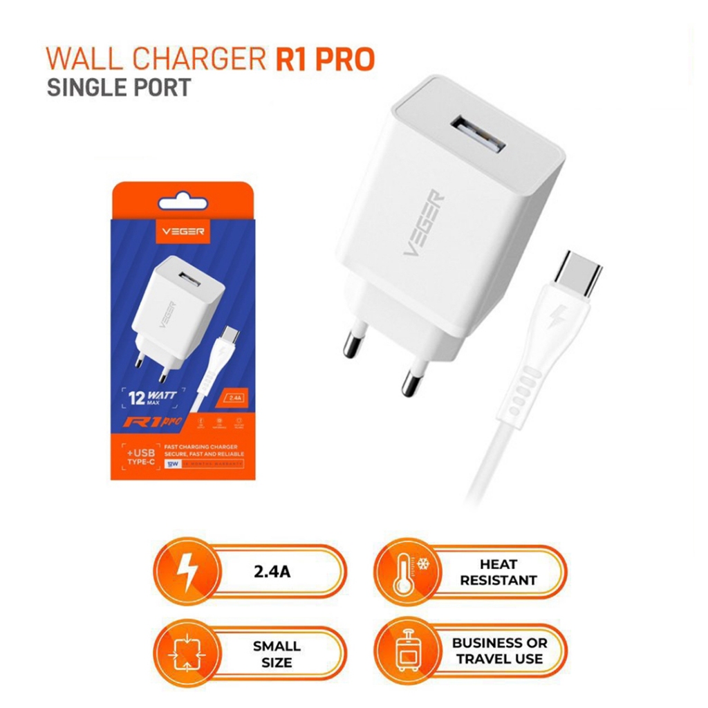 Jual Adaptor Wall Charger VEGER R1 PRO 2.4A 12W Free Kabel Data Charger ...