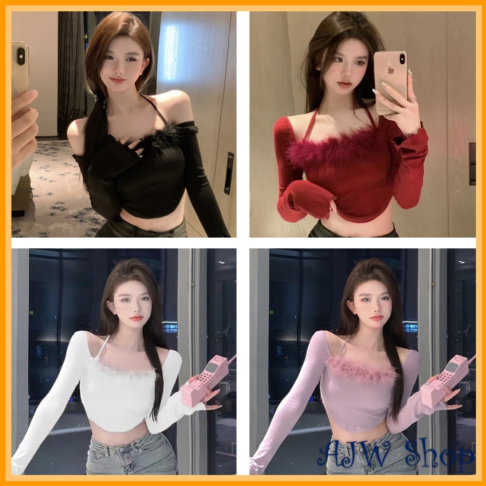 Jual AJW Baju Crop Sabrina Asymmetric Top Knit XCY | Atasan Wanita Long Sleeve Top Lengan ...