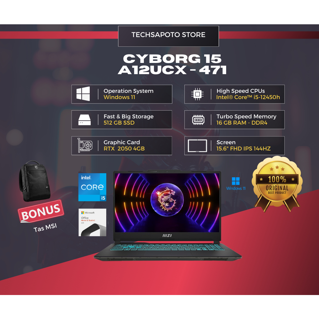 Jual MSI Cyborg 15 A12UCX 9S7 15K111 471 | CORE i5-12450H | RAM 16GB | SSD 512GB| RTX 2050 15.6 ...