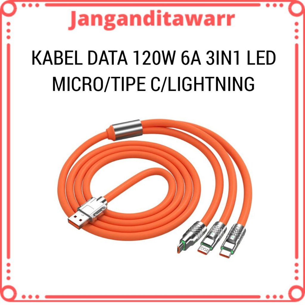 Jual Kabel Data Led 120W 6A 3 in 1 Micro Type c Lightning Fast Charging Kabel Data Silicone 120W ...