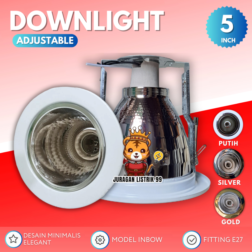 Jual Downlight 5 INCH Adjustable+ Fitting E27 Putih / Silver / Gold ...