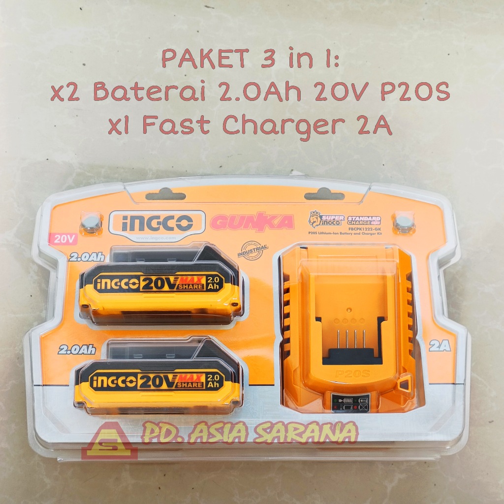 Jual PAKET 3in1 Baterai 2.0Ah 20V Fast Charger 2A INGCO FBCPK1222-GK ...