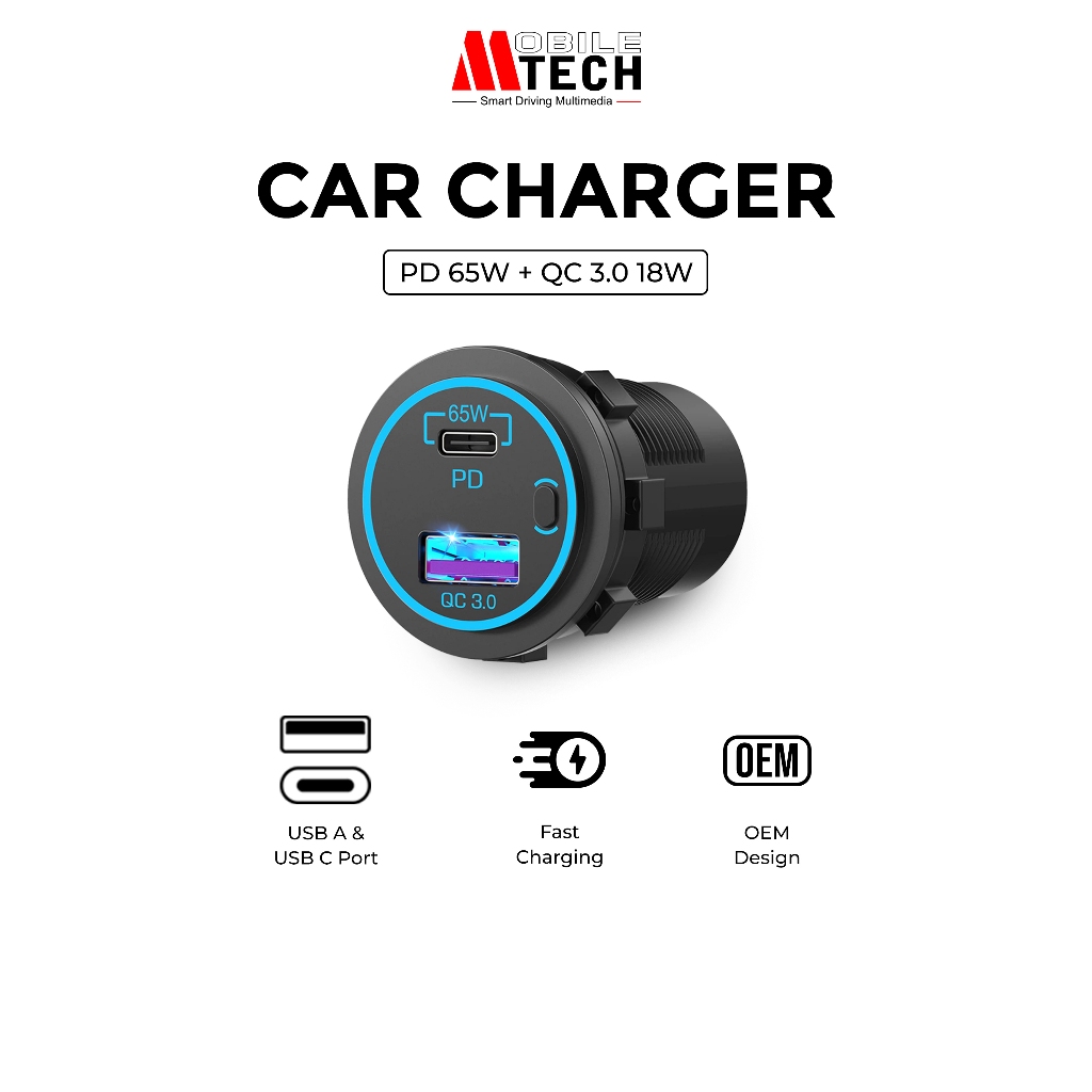 Jual MobileTech Car Charger Dual Port PD 65W + QC 3.0 18W FAST CHARGING ...