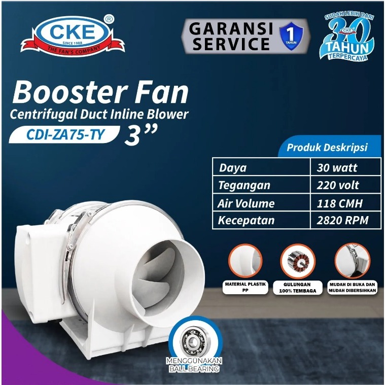 Jual Inline Duct Fan Plastik 3inch CKE CDI-ZA75-TY Booster Fan | Shopee ...