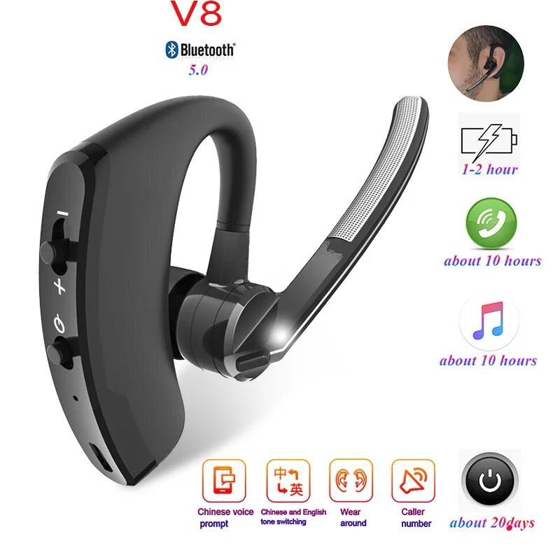 Jual V8 Headset Bluetooth With Long Mic 8D Bass Wireless Earphone 5.0 ...