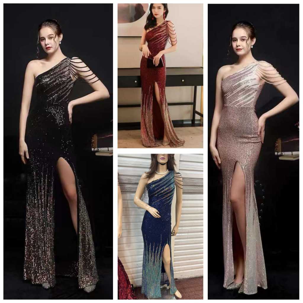 Jual Long dress pesta sequin one shoulder gold hitam biru navy merah ...