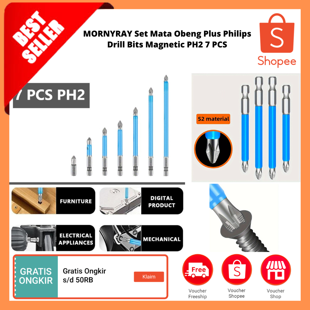 Jual Set Mata Obeng Plus Philips Drill Bits Magnetic PH2 7 PCS / Mata ...