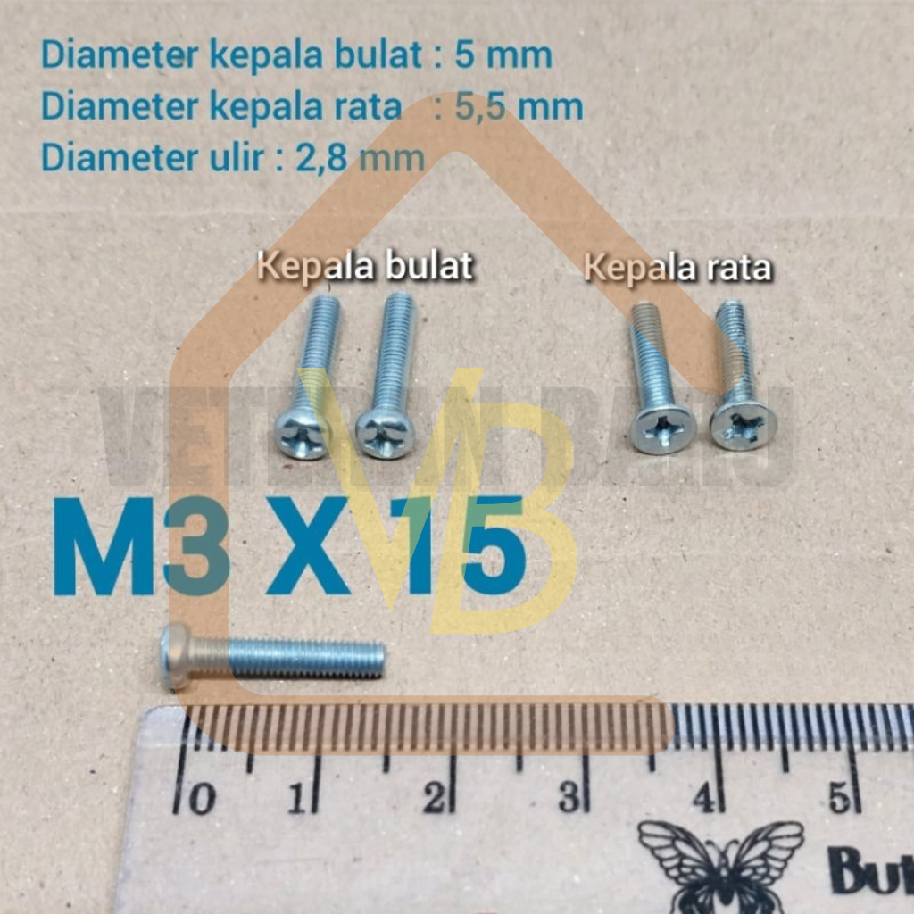 Jual baut mur M3 x15 kepala bulat / rata besi kayu elektronika ...