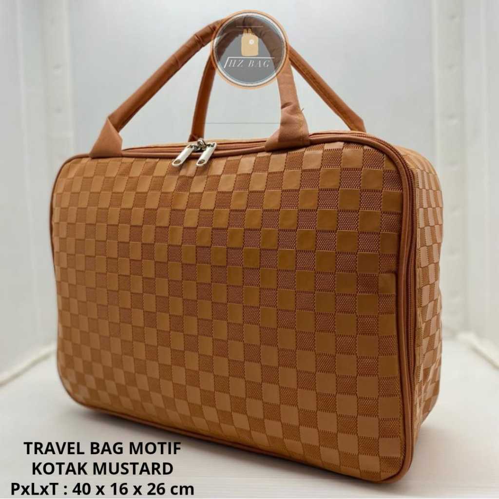 Jual Travel Bag Kulit Waterproof Motif Kotak Warna MUSTARD / Tas Travel ...