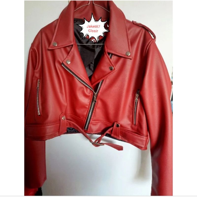 Jual Jaket crop wanita merah full kulit sintetis terbaik | Shopee Indonesia