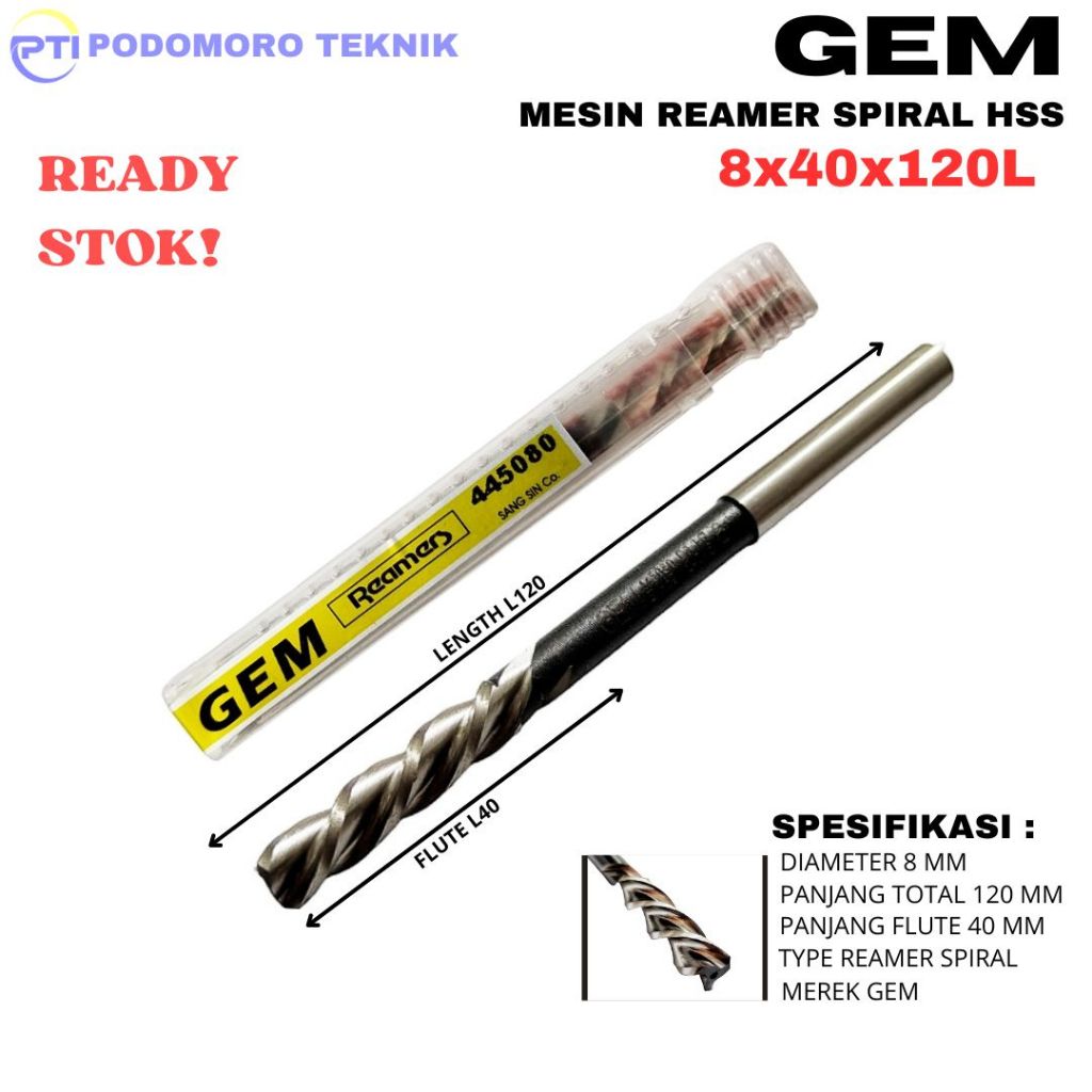 Jual Reamer Mesin Spiral HSS 8MM Merek GEM Reamer Mesin Spiral ...