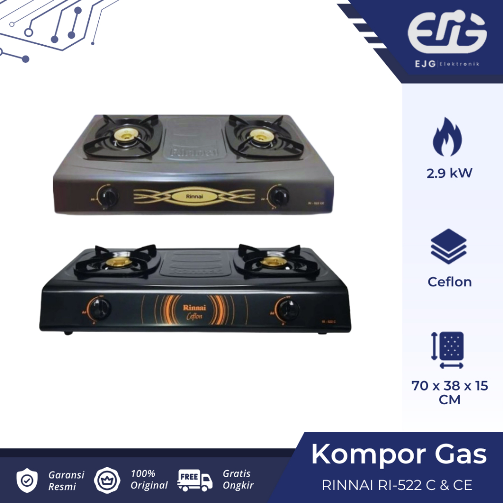 Jual Rinnai Kompor Gas RI 522 C & RI 522 CE / 2 Tungku / Ceflon RI522C ...