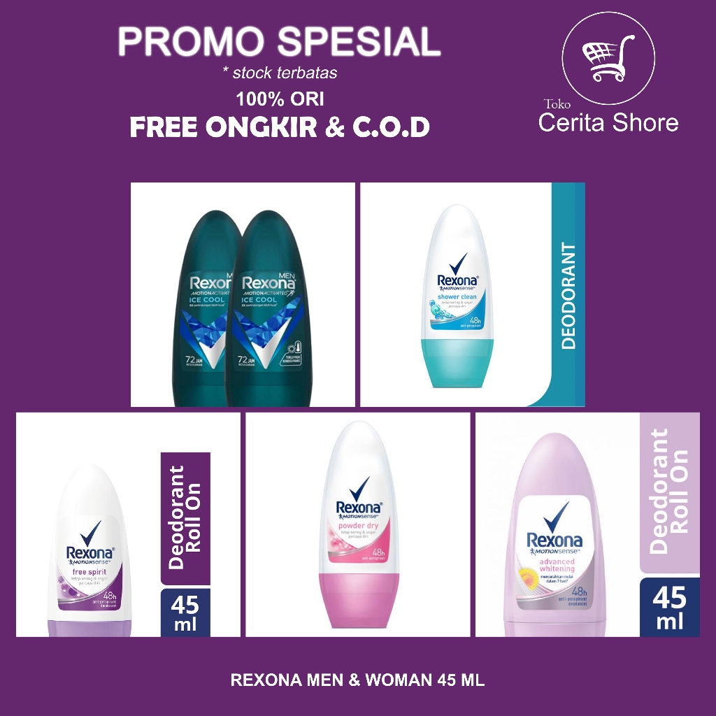 Jual REXONA Roll On 45 ML/ Rexona Advanced Whitening / Rexona Free ...