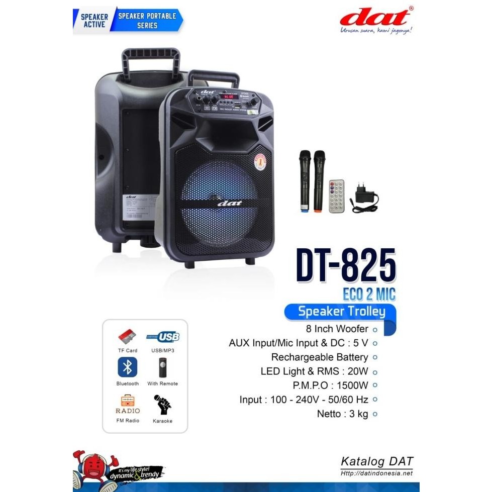 Jual SPEAKER TROLLEY DAT DT 825 / DT825 ECO 2 MIC 8 INCH + 2 MIC WIRELESS | Shopee Indonesia