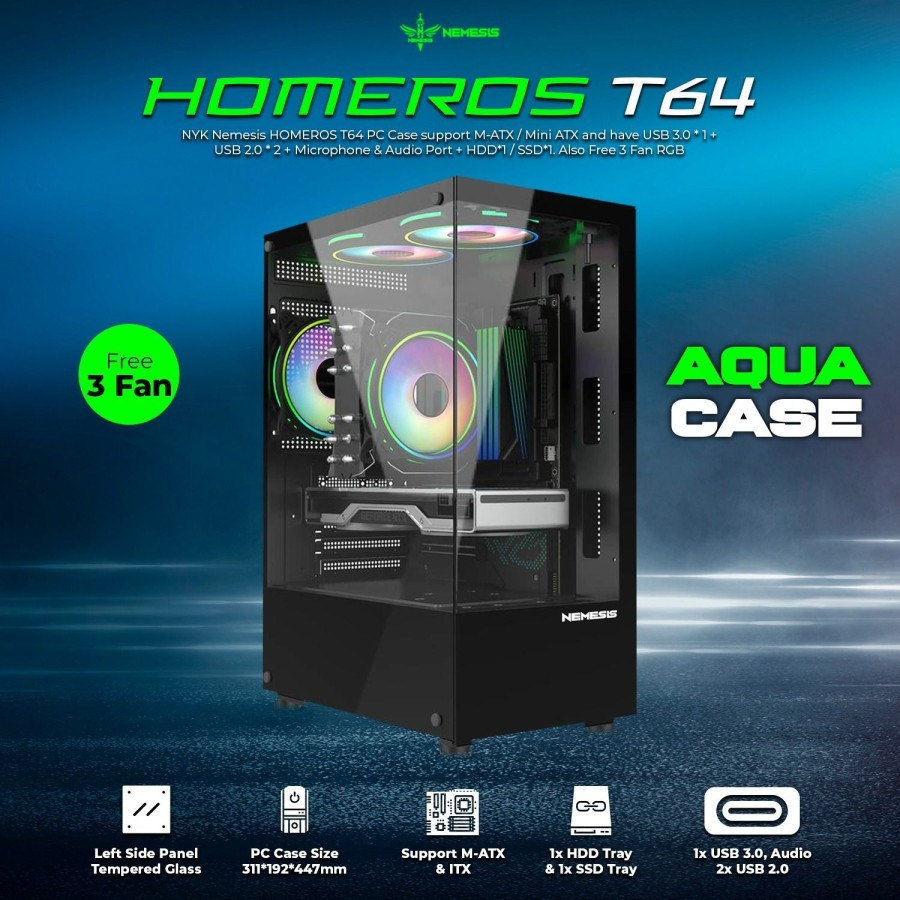 Jual Casing Gaming NYK T64 Homeros Aqua M-ATX Free 3 Fan RGB | Shopee ...